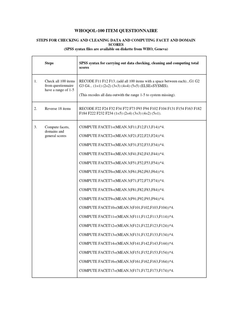 Whoqol-100 Item Questionnaire | PDF | Computing | Teaching Mathematics