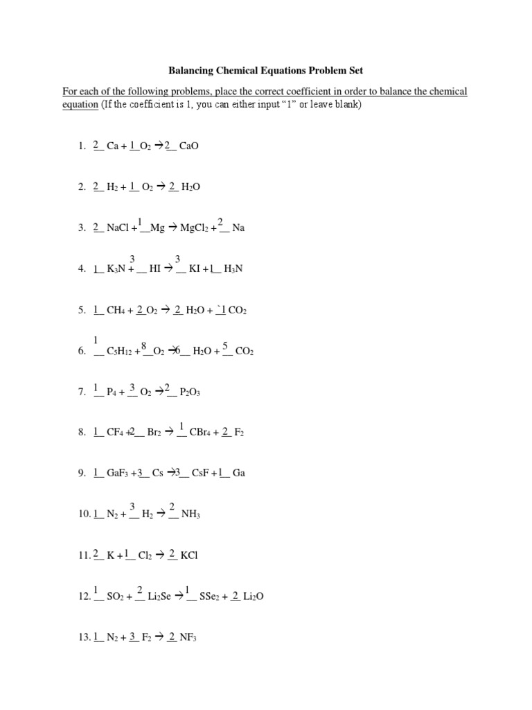 Balancing Chemical Equations Problem Set | PDF