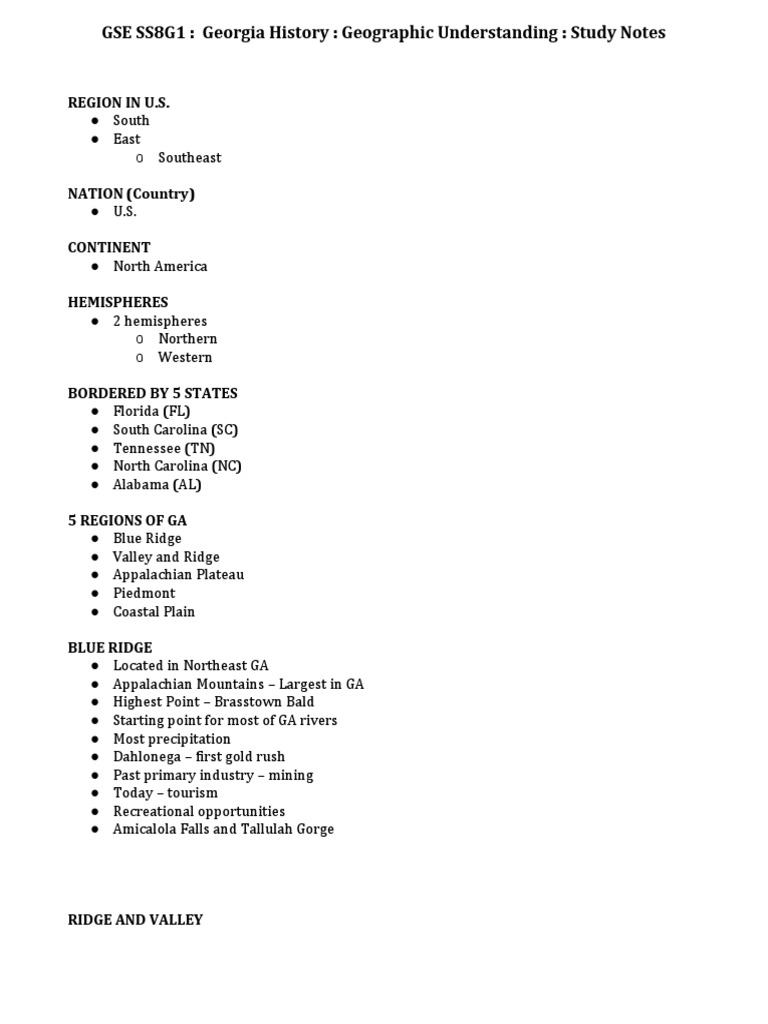 Gse Ss8g1 - Study Notes | PDF | Georgia (U.S. State) | Tennessee