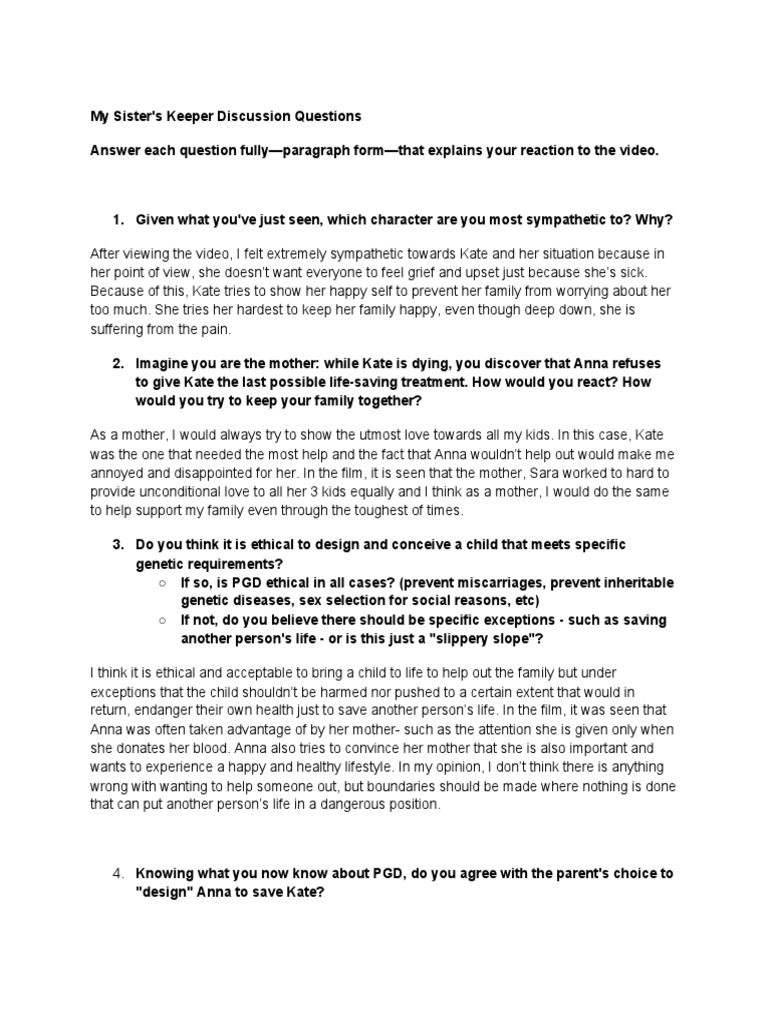 My Sister's Keeper Questions | PDF | Wellness | Medical
