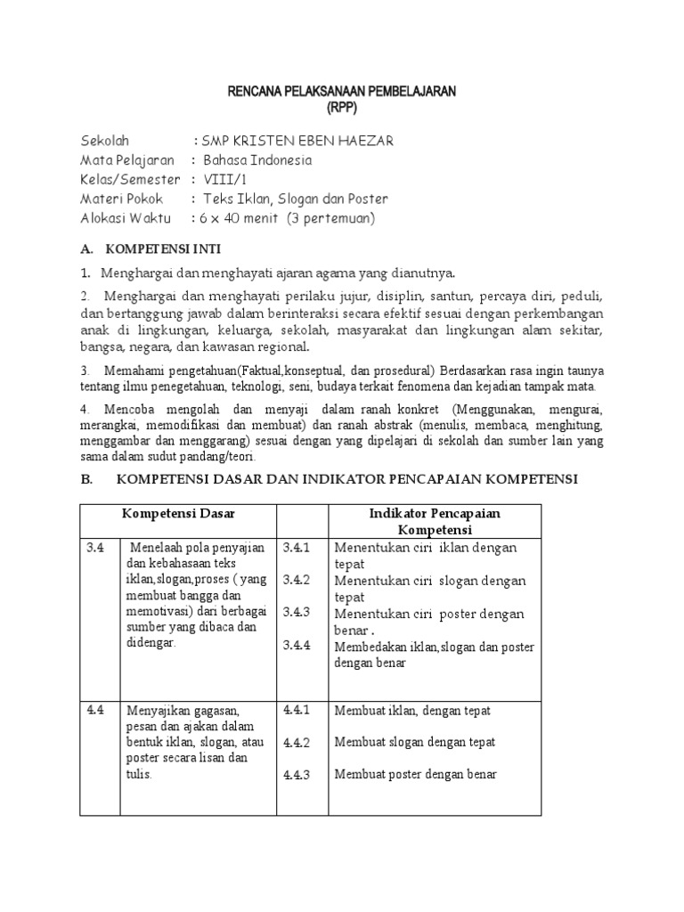 RPP k13 Kelas 8 Teks Iklan Slogan Dan Poster KD 3.4 | PDF | Karier & Perkembangan | Seni