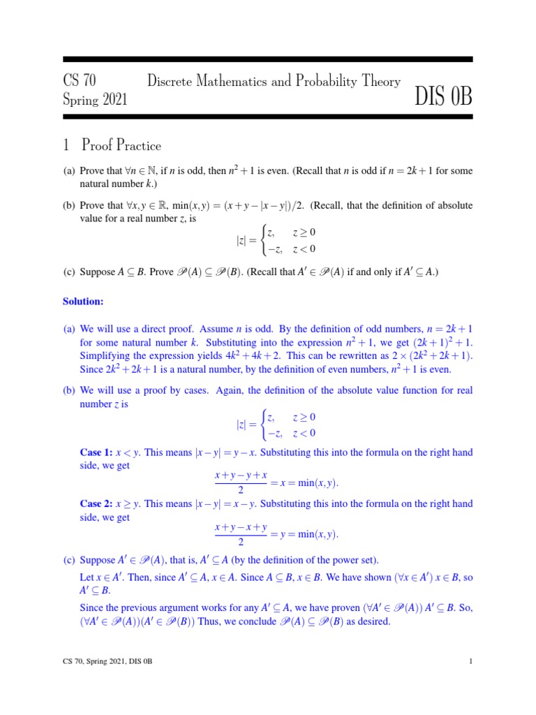 Dis 0B: CS 70 Discrete Mathematics and Probability Theory Spring 2021 | PDF | Mathematical Proof ...