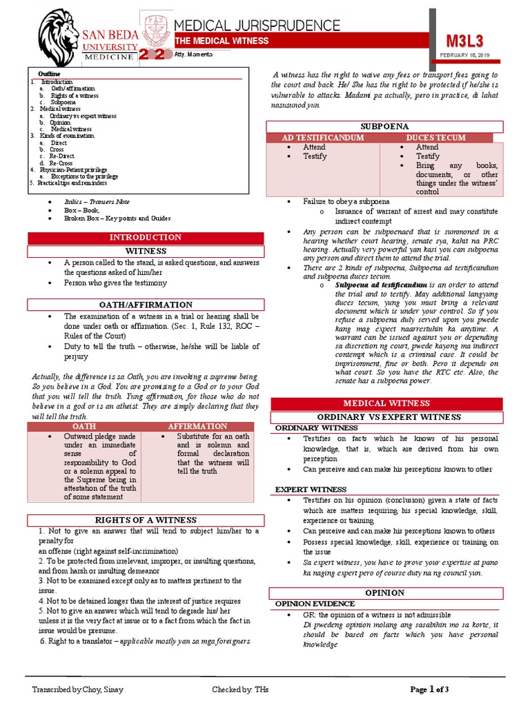 MEDJURIS-M3L3-The Medical Witness | PDF | Witness | Subpoena