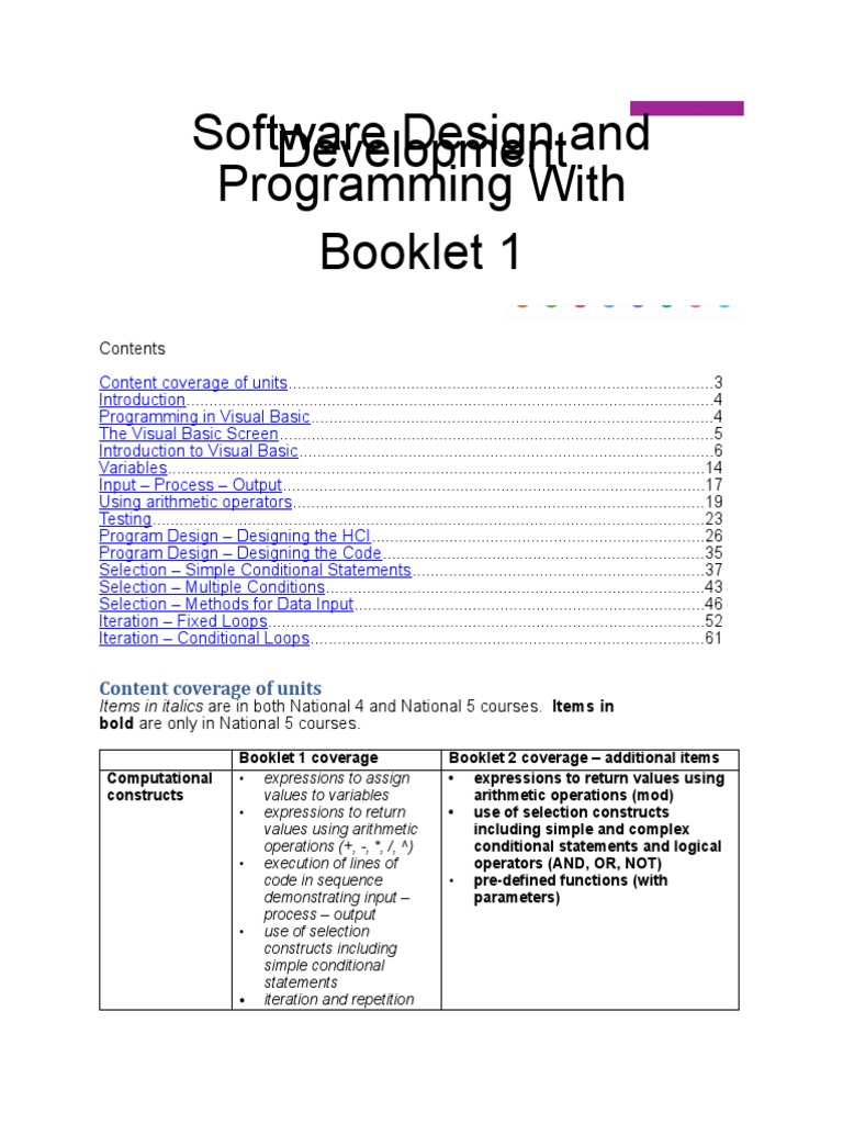 Software Design and Development Programming With Booklet 1: Content ...