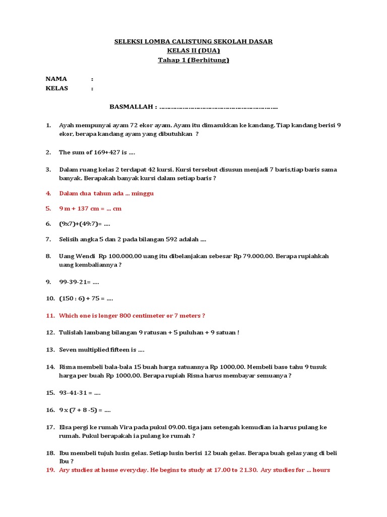 Soal Calistung Kelas 2 Tahap 1 | PDF