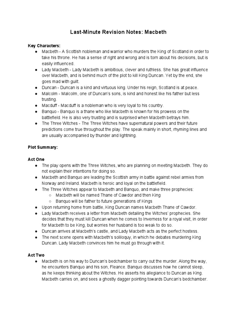 Last-Minute Revision Notes: Macbeth: Key Characters | PDF | Macbeth ...