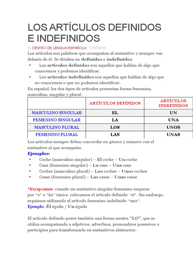 LOS ARTÍCULOS DEFINIDOS E INDEFINIDOS Ejercicios y Teoría | PDF