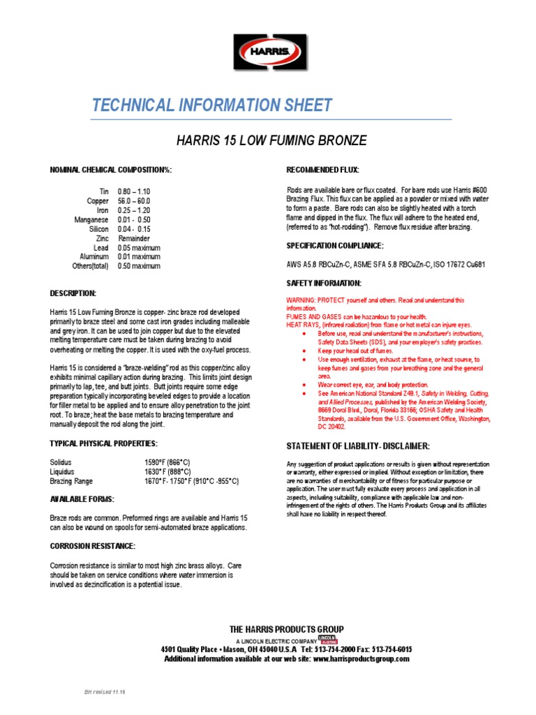 Technical Information Sheet: Harris 15 Low Fuming Bronze | PDF ...