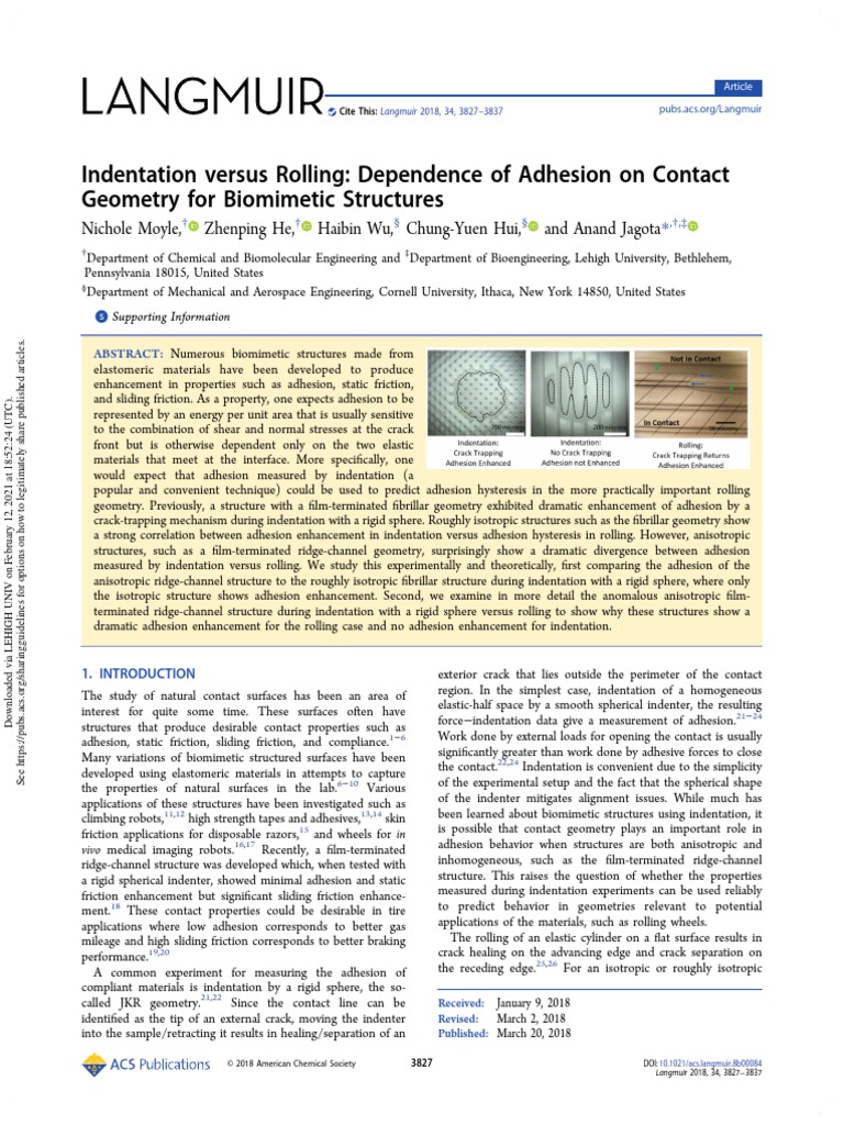 Indentation Versus Rolling - Dependence of Adhesion On Contact Geometry ...