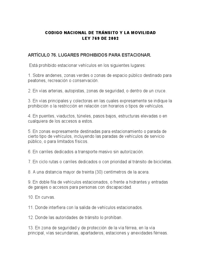 CODIGO NACIONAL DE TRÁNSITO Y LA MOVILIDAD Art. 76 y Art. 127 | PDF ...