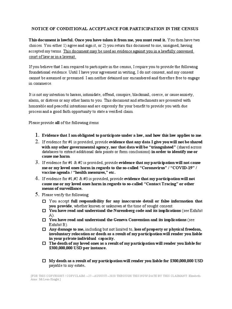 Notice of Conditional Acceptance For Participation in The Census 1.2 | PDF | Experiment ...