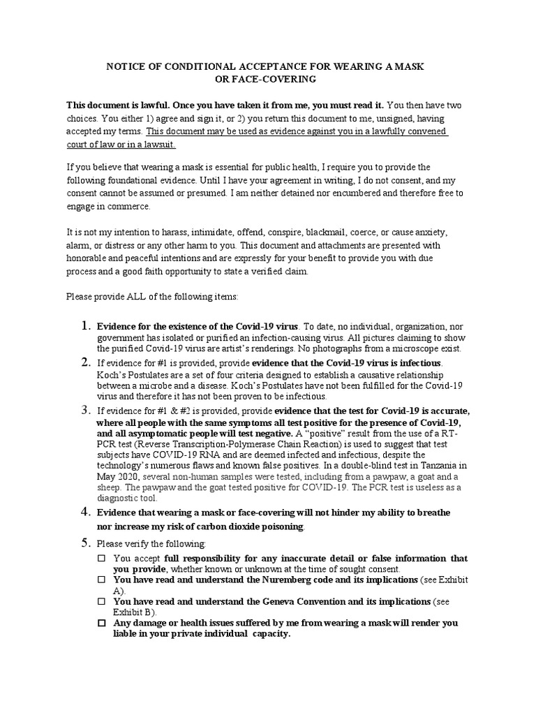 Notice of Conditional Acceptance For Wearing A Mask v3 | PDF ...