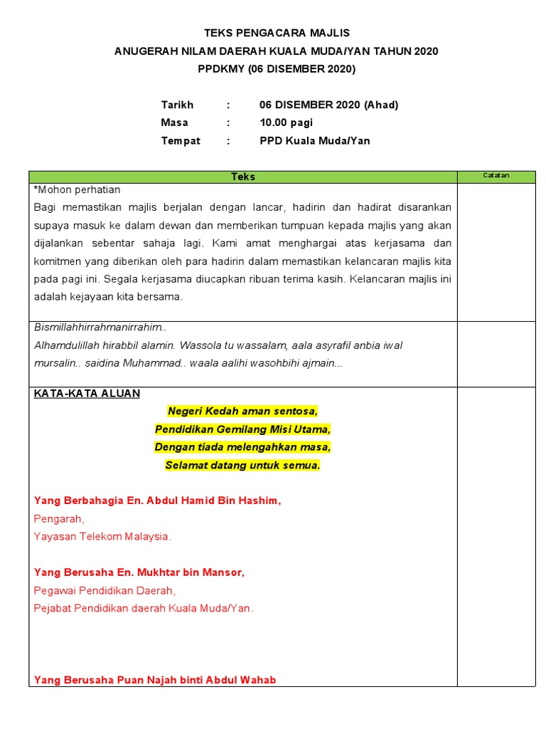 Teks Pengacara Majlis Anugerah Nilam 2020 | PDF