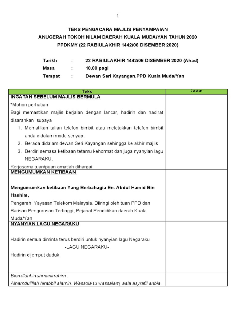 Teks Pengacara Majlis Anugerah Nilam Ppdkmy 2020 | PDF