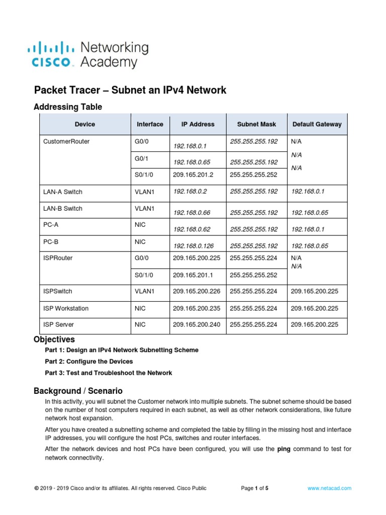 Packet Tracer - Subnet An Ipv4 Network: Addressing Table | PDF | Ip Address | Router (Computing)