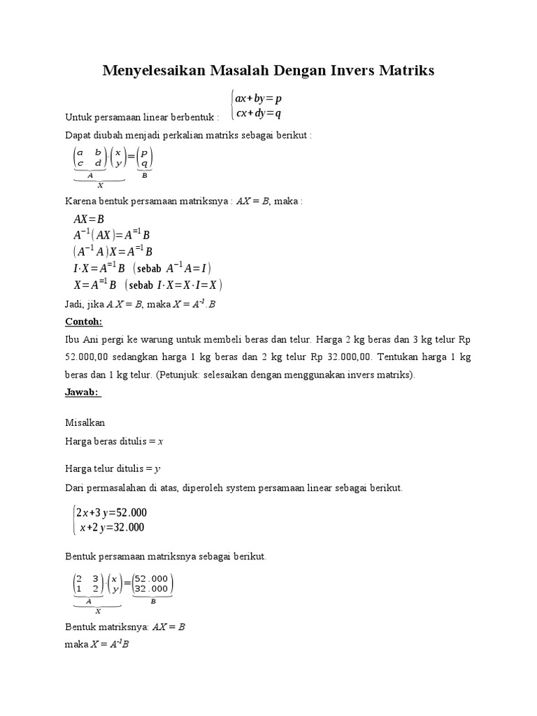 Materi Menyelesaikan Masalah Menggunakan Invers Matriks | PDF
