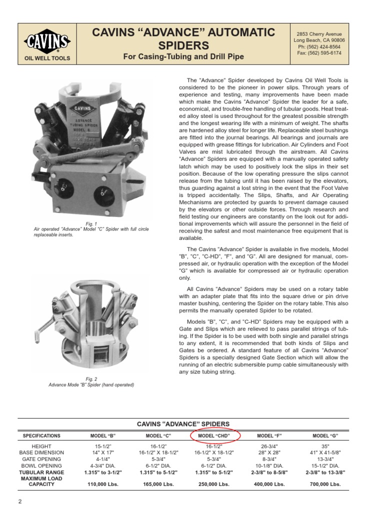 Cavins "Advance" Automatic Spiders: For Casing-Tubing and Drill Pipe ...