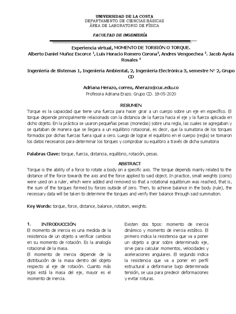 Informe de Laboratorio de Torque | PDF | Inercia | Masa