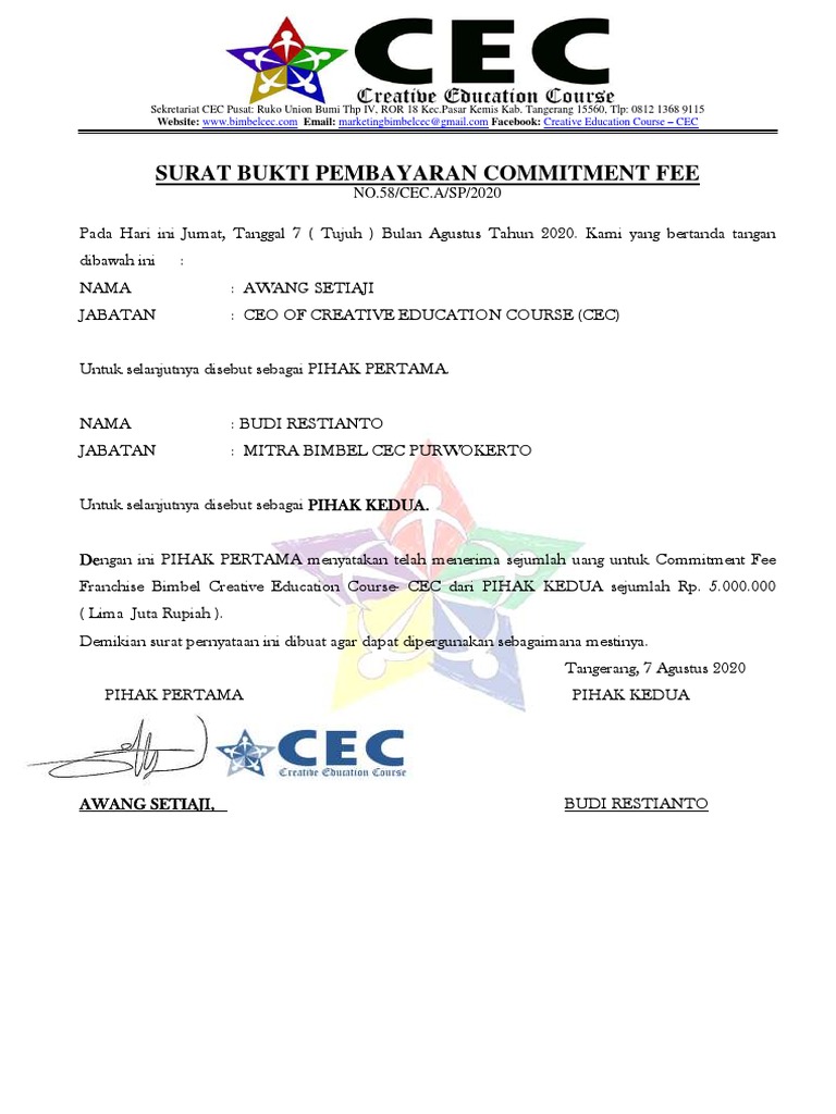 SURAT BUKTI Commitment Fee CEC Purwokerto | PDF