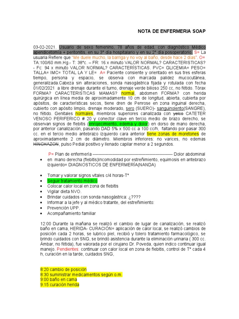 Nota de Enfermería Soap | PDF | Abdomen | Medicina CLINICA