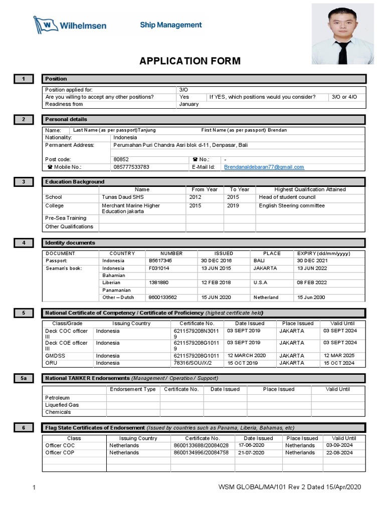 WSM GLOBAL - MA-101 Application Form | PDF | Freight Transport | Watercraft