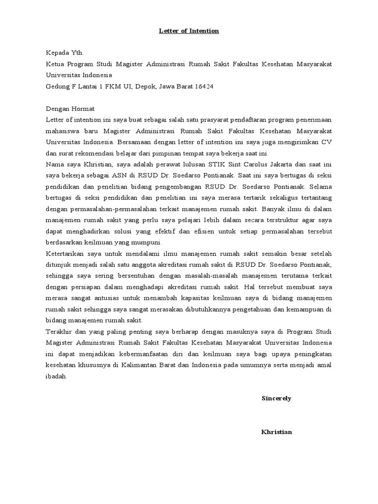 Letter of Intention FKM UI | PDF