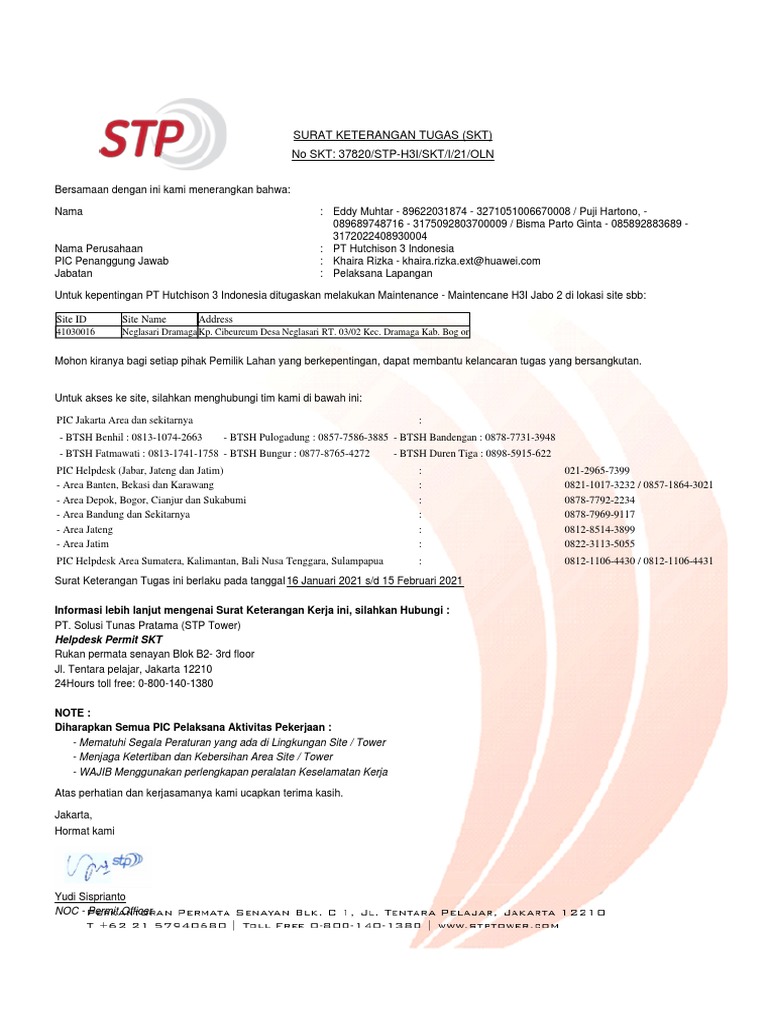Surat Keterangan Tugas (SKT) No SKT: 37820/STP-H3I/SKT/I/21/OLN | PDF