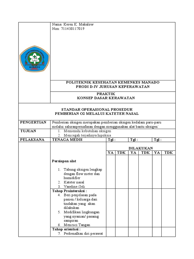 Pemberian Oksigen Melalui Kateter Nasal: Standar Operasional Prosedur ...