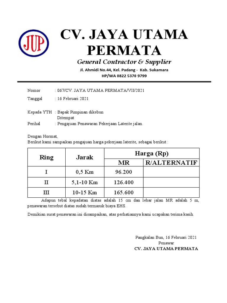 Cv. Jaya Utama Permata: General Contractor & Supplier | PDF
