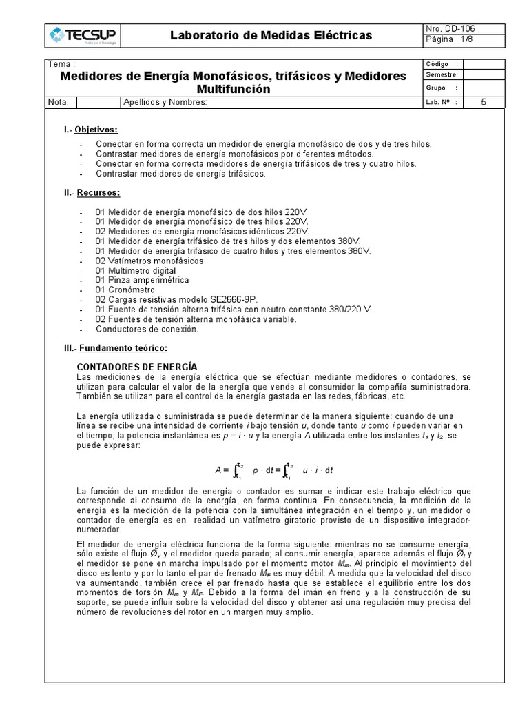 Lab11-12 - Medidores de Energia Monofasicos, Trifasicos y Multifunción | PDF | Corriente ...