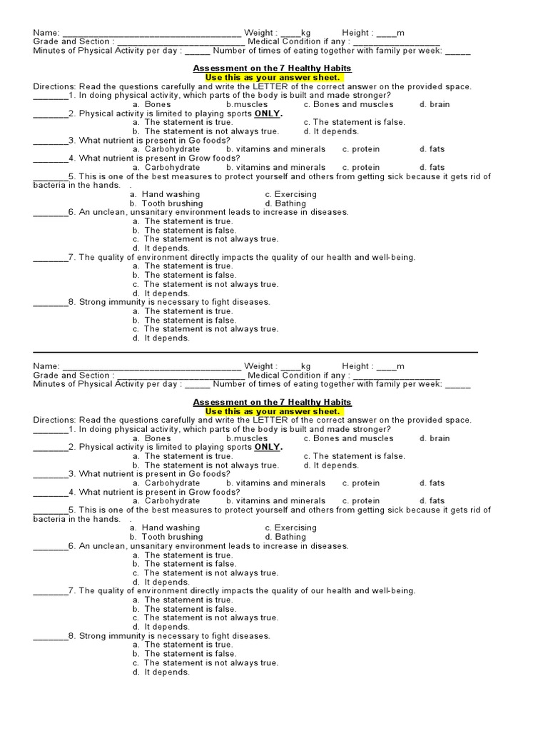 Assessment On The 7 Healthy Habits Use This As Your Answer Sheet | PDF ...