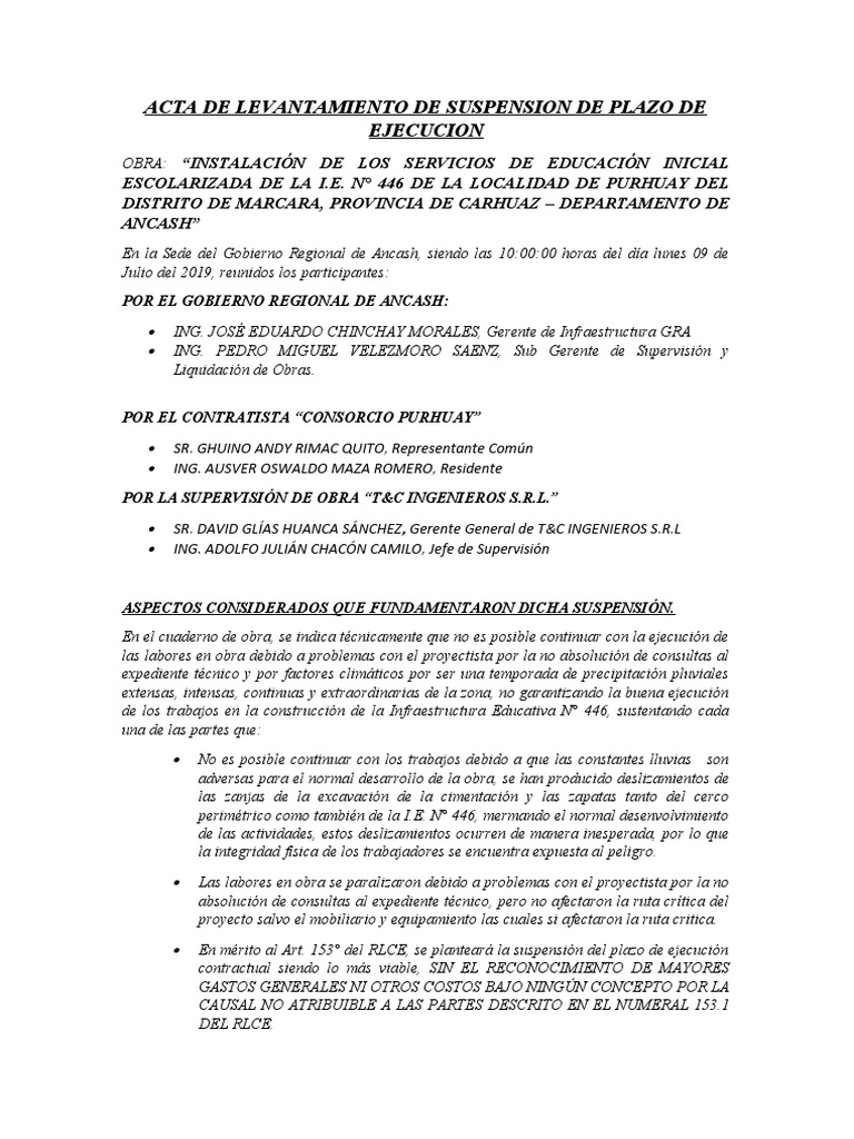 Acta de Levantamiento de Suspension de Plazo de Ejecucion | PDF | Gobierno