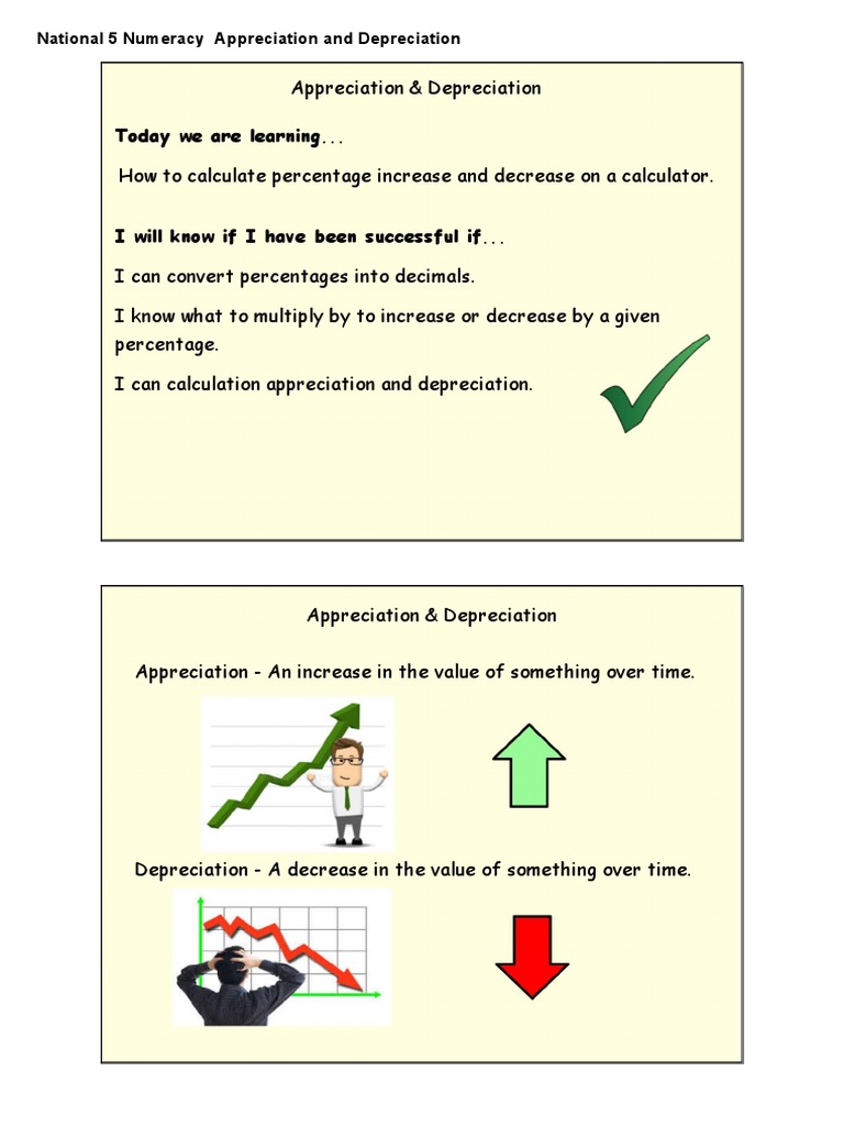 Nat 5 Numeracy Appreciation and Depreciation | PDF | Percentage | Depreciation