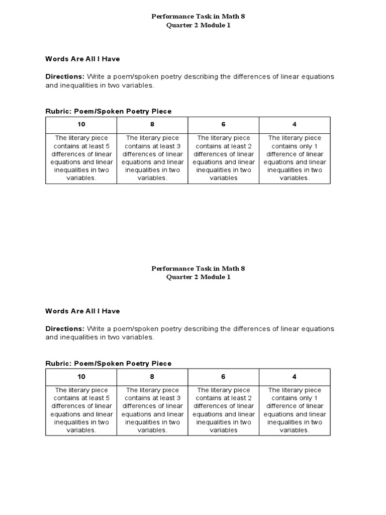 Performance Task in Math 8 q2 1 | PDF