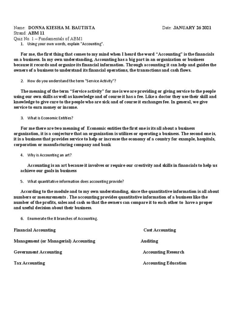 Fabm - First Quiz in Abm 11 | PDF | Accounting | Economies