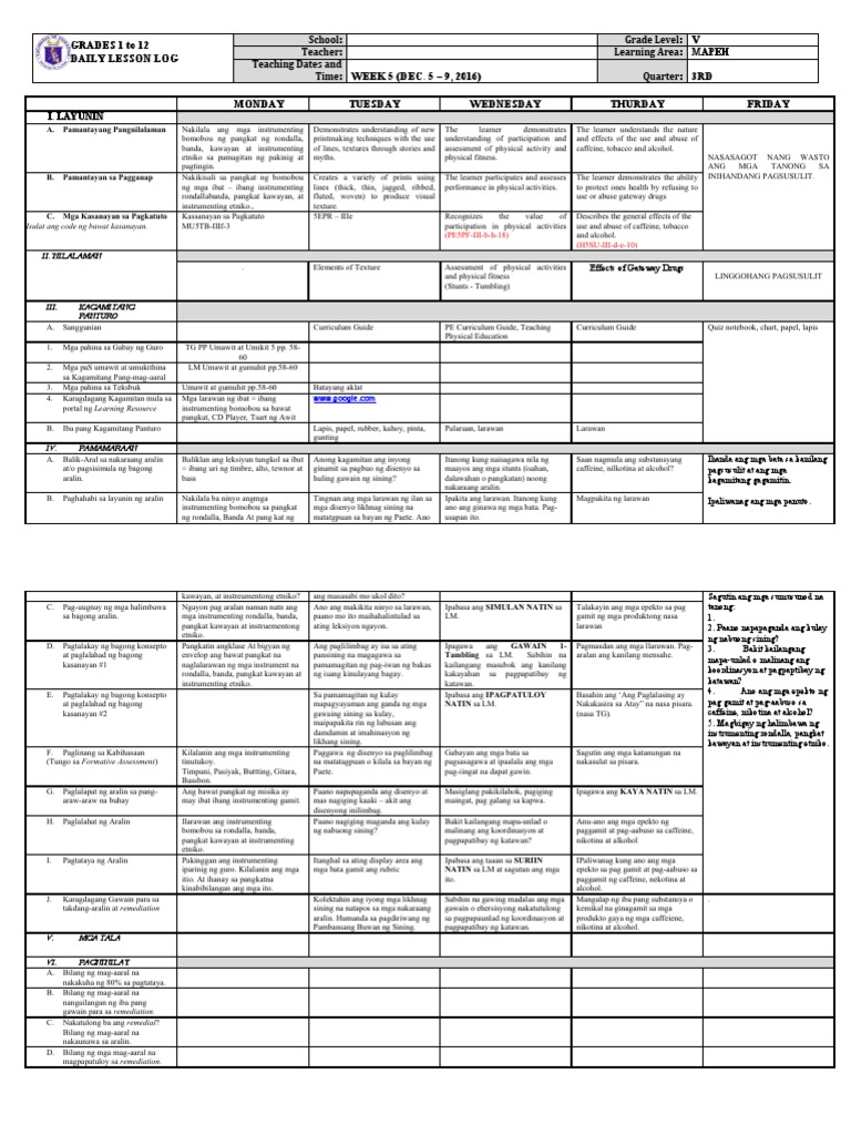 Grade 5 DLL MAPEH 5 Q3 Week 5 | PDF