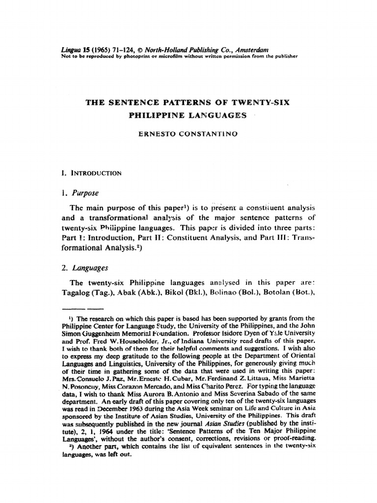 Sentence Patterns in Philippine Languages | PDF | Subject (Grammar) | Verb