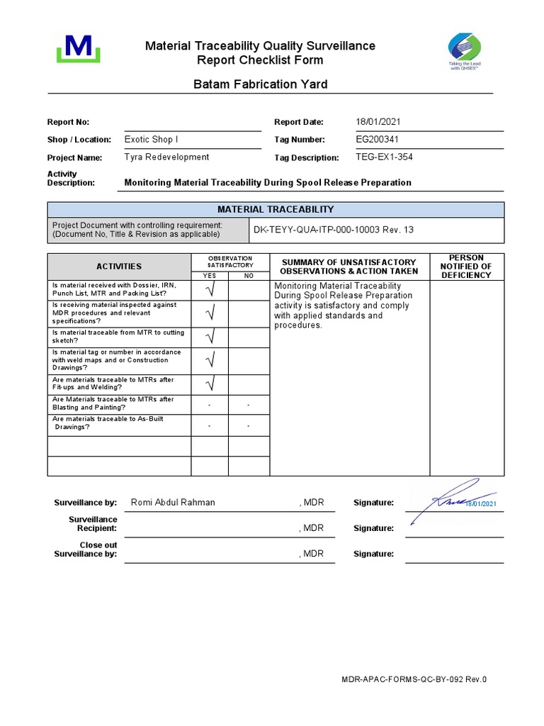 Material Traceability Report Checklist | PDF | Business