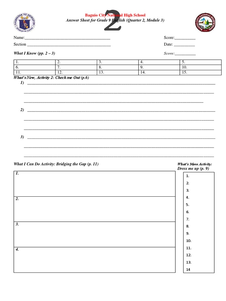 Answer-Sheet G9 Q2 Module-3 | PDF