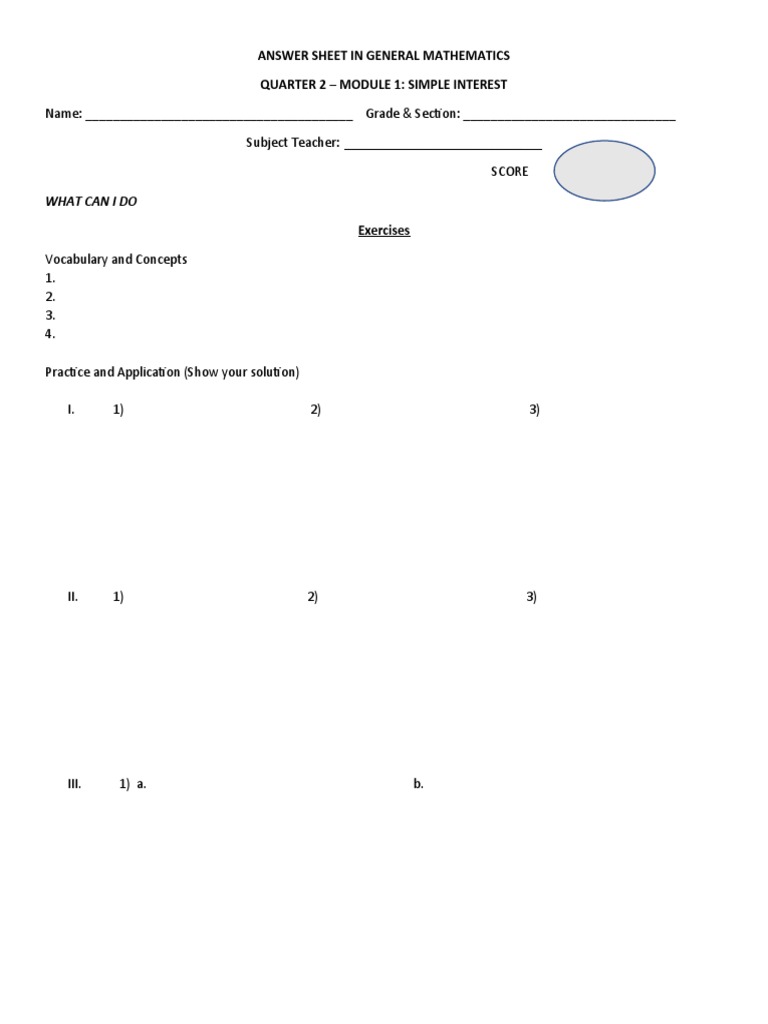 Answer Sheet in General Mathematics M1 | PDF