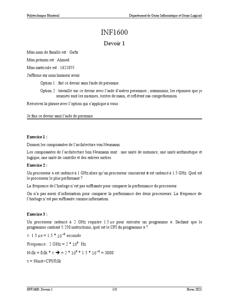 INF1600: Devoir 1 - Architecture et Performance | PDF | Processeur ...