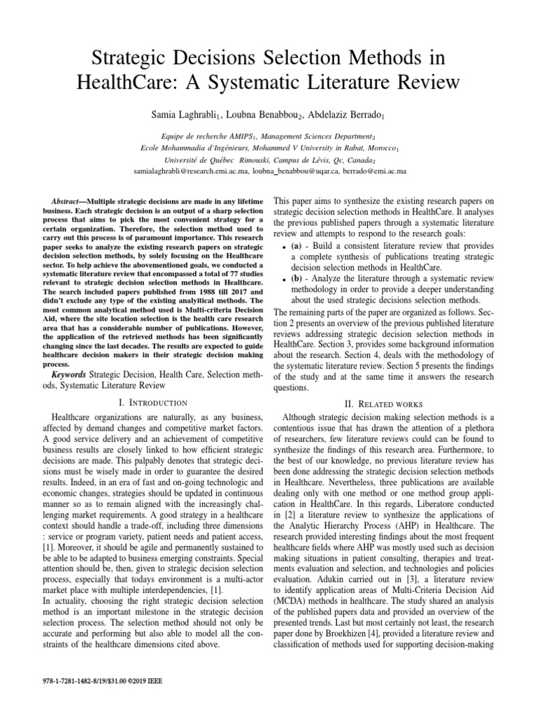 Strategic Decisions Selection Methods in HealthCare A Systematic ...