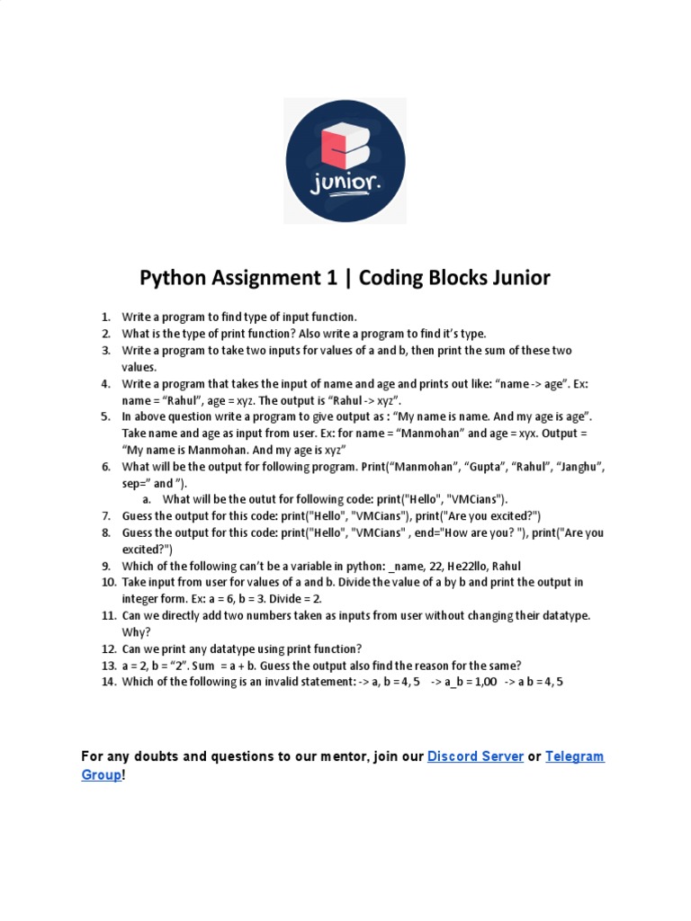 Python Assignment 1 - Coding Blocks Junior | PDF