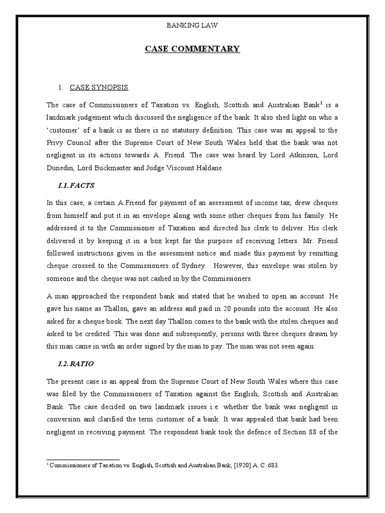 Banking Law - Case Commentary | PDF | Negligence | Banks