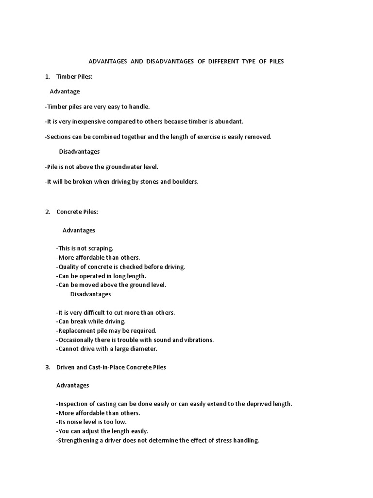 Advantages and Disadvantages of Different Type of Piles | PDF | Deep ... Advantages and Disadvantages of Different Type of Piles | PDF | Deep ...