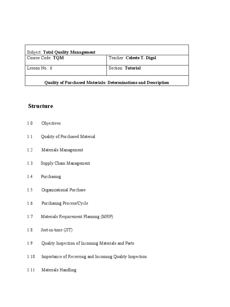 LESSON 6 - Quality of Purchased Materials Determinations and ...