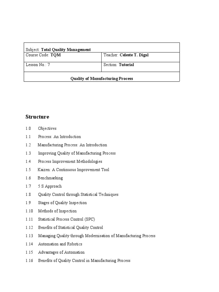 LESSON 7 - Quality of Manufacturing Process | PDF | Automation ...