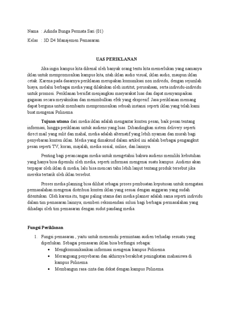 01 - Adinda Bunga Permata Sari - 3D D4 MP - UAS Periklanan | PDF