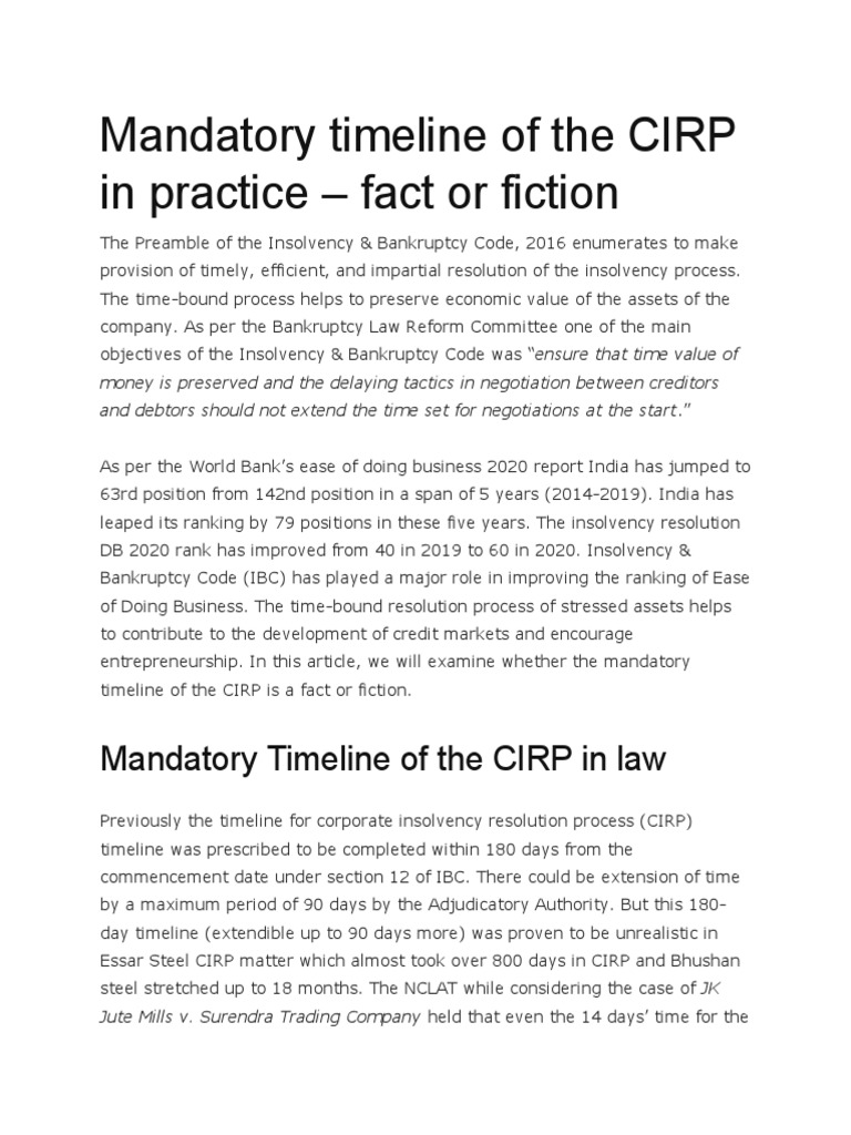 Mandatory Timeline of The CIRP in Practice | PDF | Bankruptcy ...