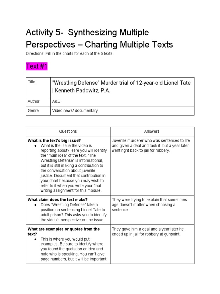 Activity 5-Synthesizing Multiple Perspectives - Charting Multiple Texts ...